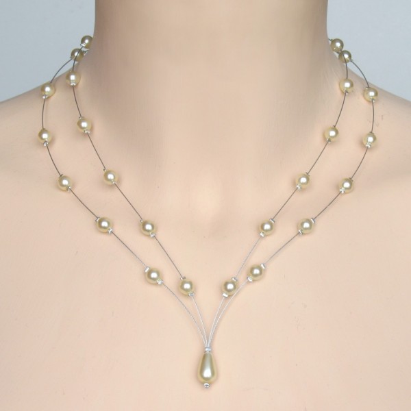 Collier de mariage 2 rangs en perles de verre nacré de couleur ivoire ...