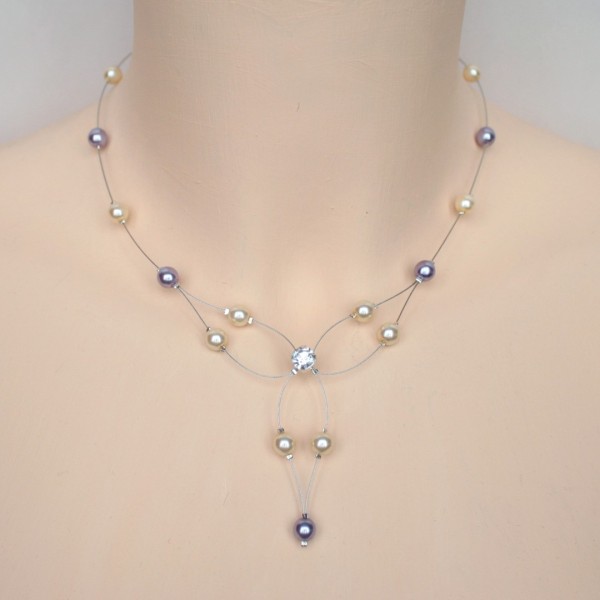 Collier de mariage forme Y en perles parme et ivoire + strass : BéaBijoux